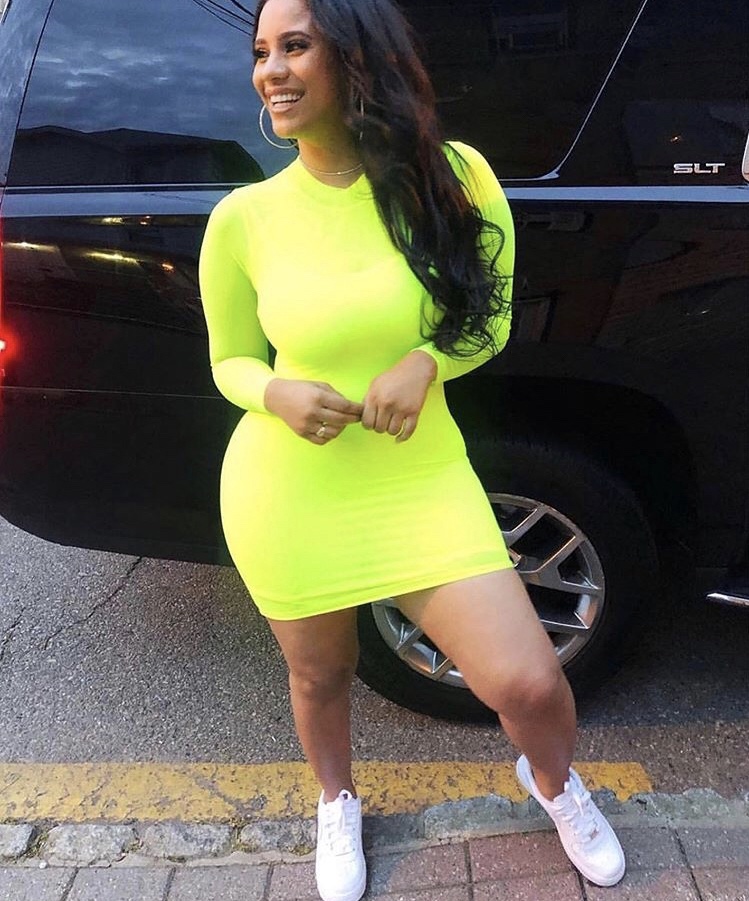 Cyn Santana Rocks her Neon Green Fitted Fashion Nova Long Sleeve Dress ...