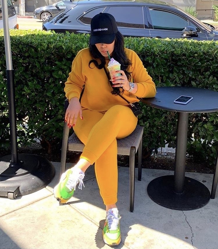 Emily B. Lounges in Style Sporting a Mustard Yellow Joggers Set by ...