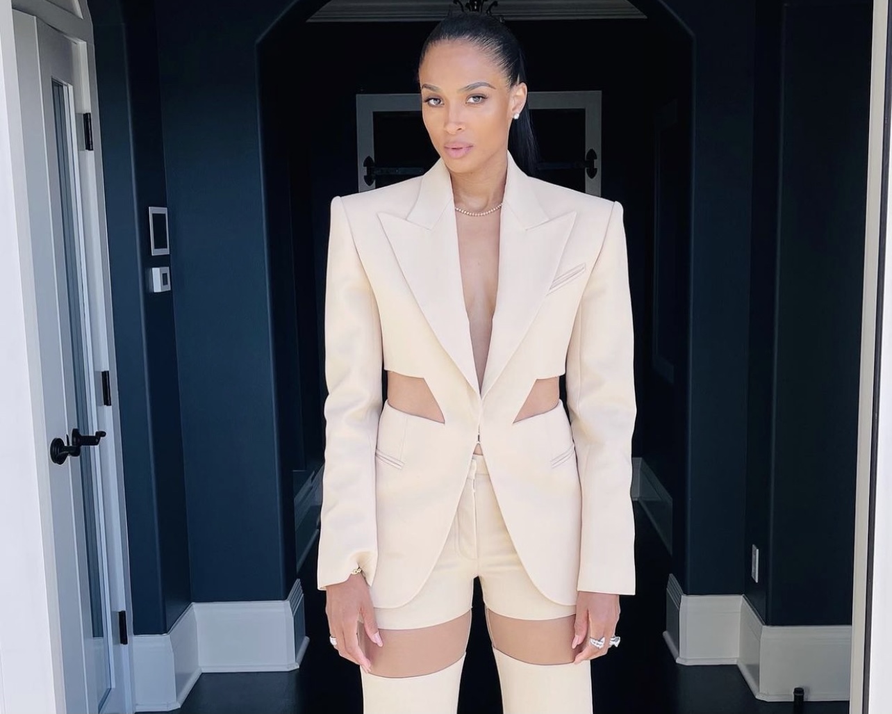 Ciara Gives Us a Runway Strut in Mugler Beige Cutout Blazer and Sheer ...