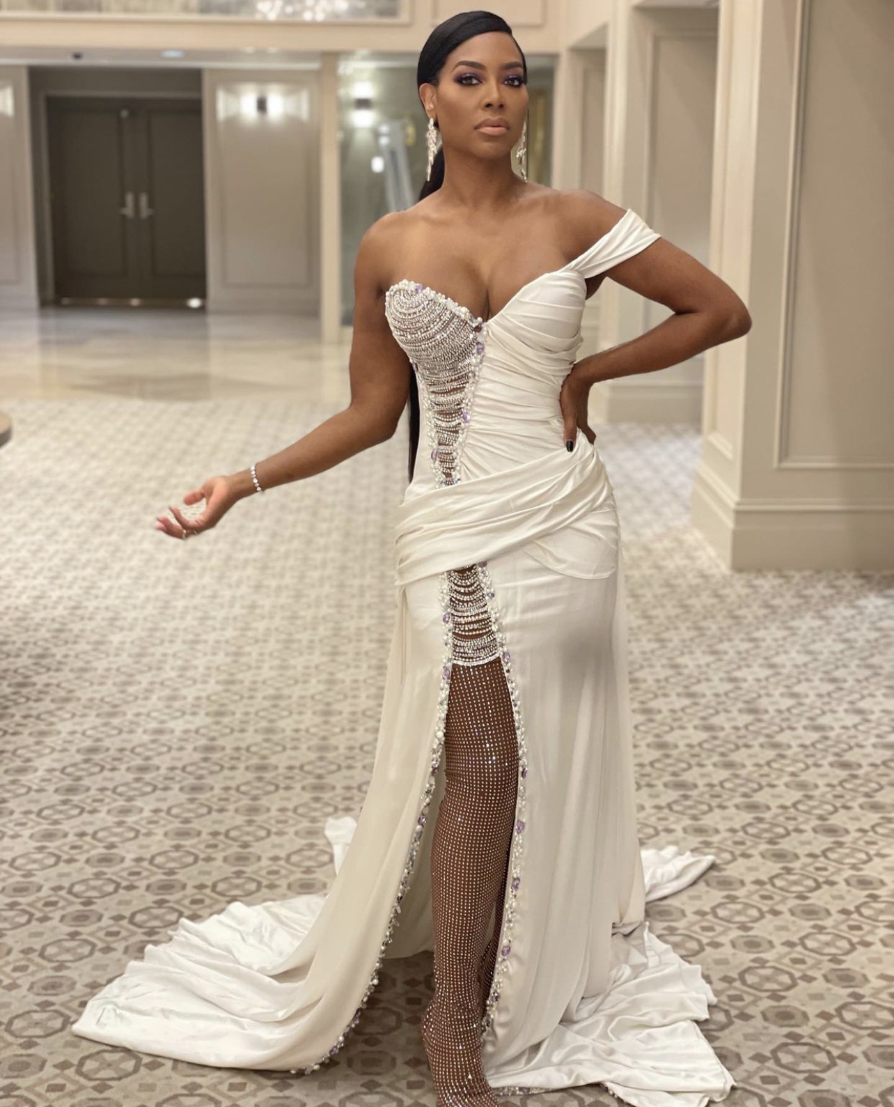 Wardrobe Inquiry: Kenya Moore Wears Linda Stokes Designs White Crystal ...