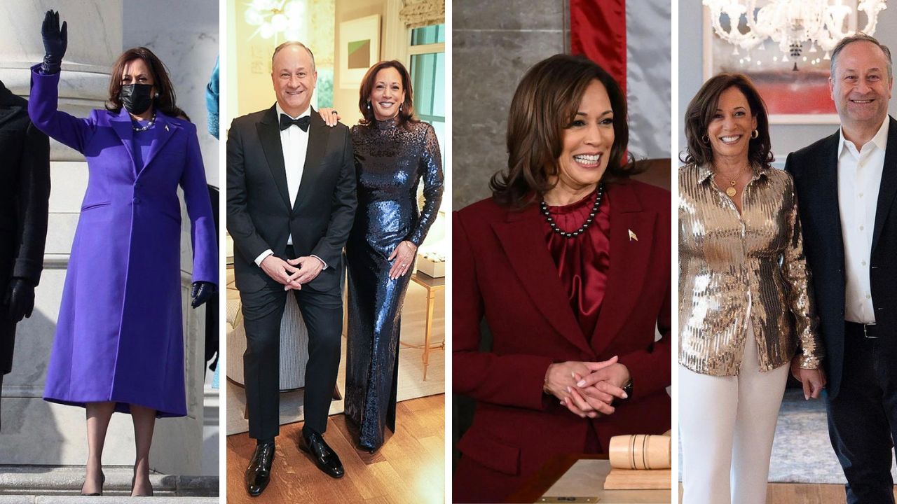 Our 'Top 4' VP Kamala Harris Looks including a Purple Christopher Rogers Coat, a Blue Sergio ...