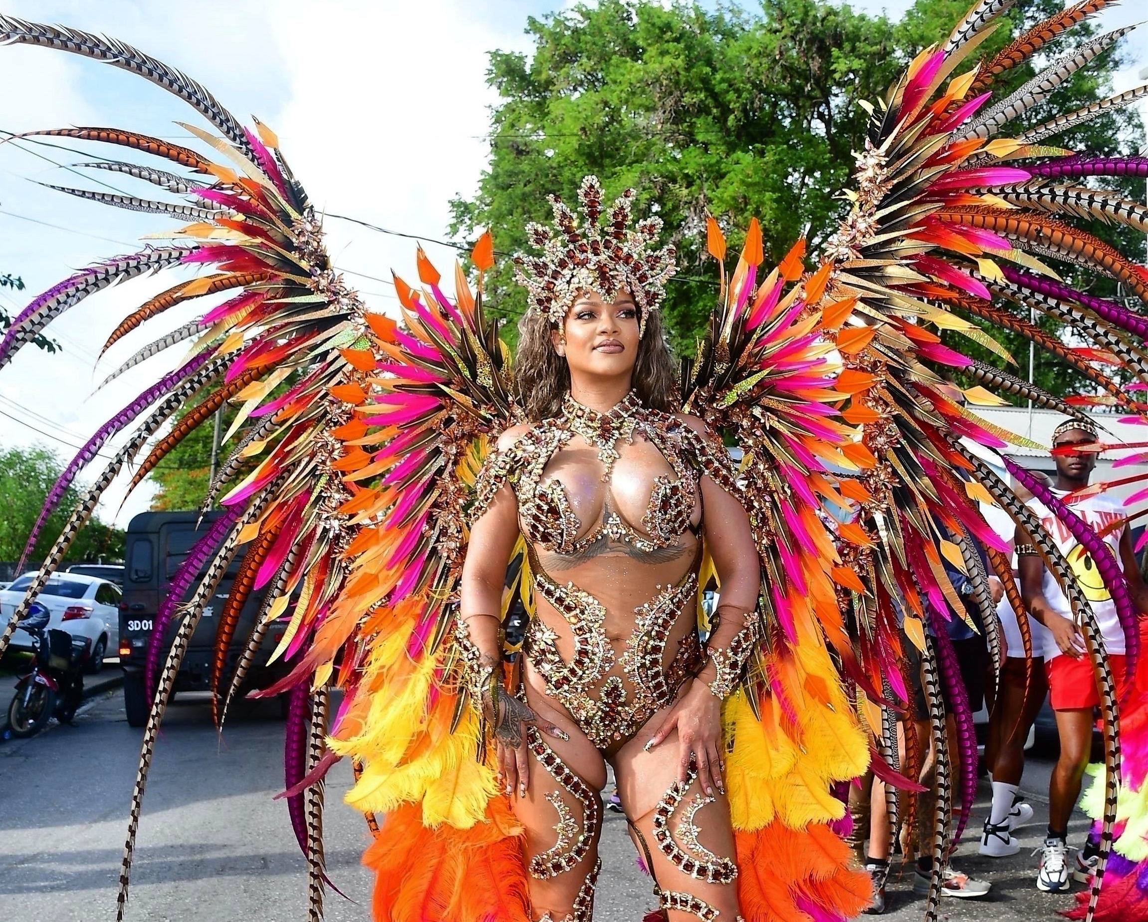 Rihanna Shines at Barbados Crop Over 2024 in Feathered Bejeweled Look by Lauren x Austin ...