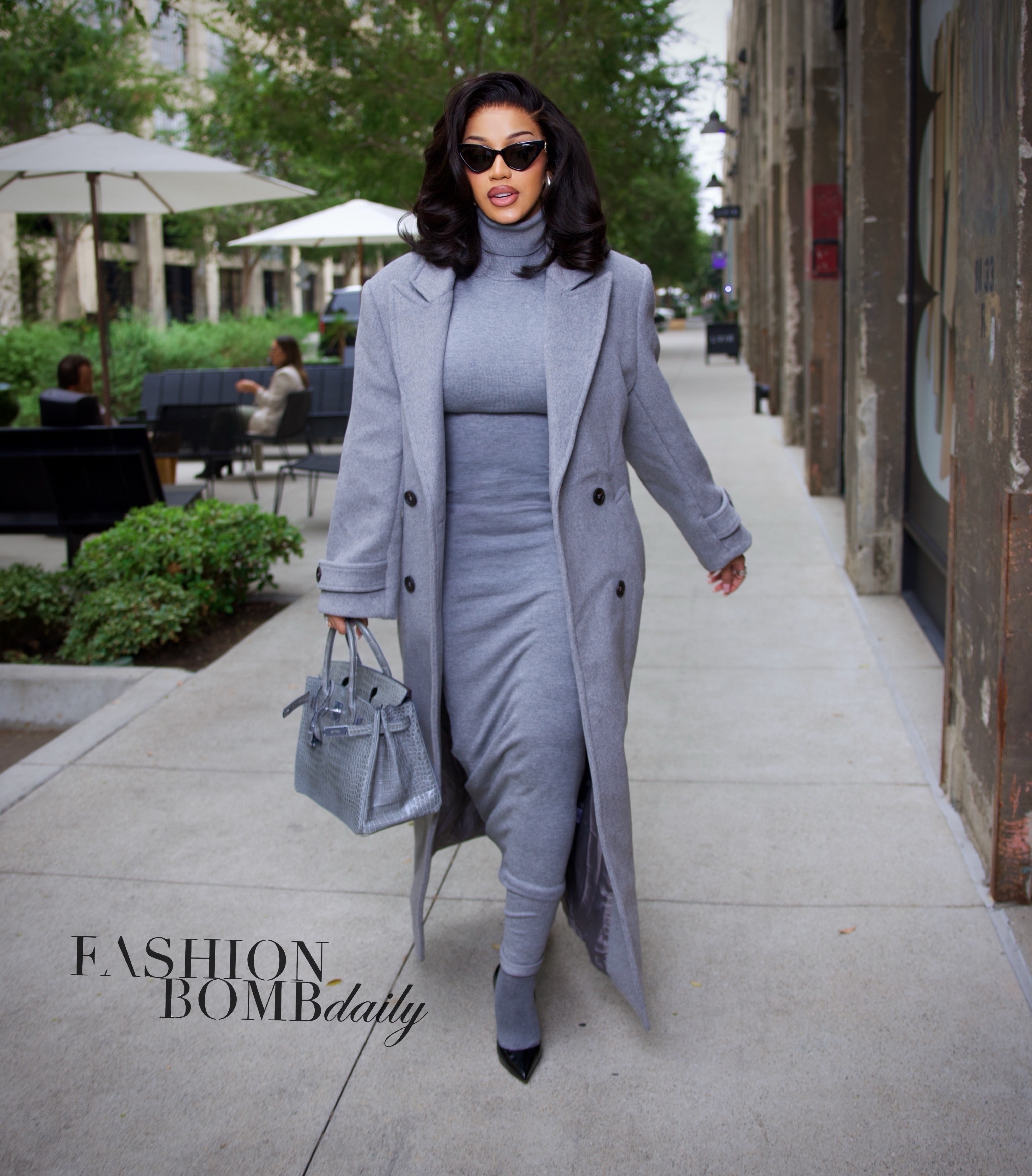 Cardi B Takes Meetings in a Helsa Studio Gray Wool Coat and Knit ...
