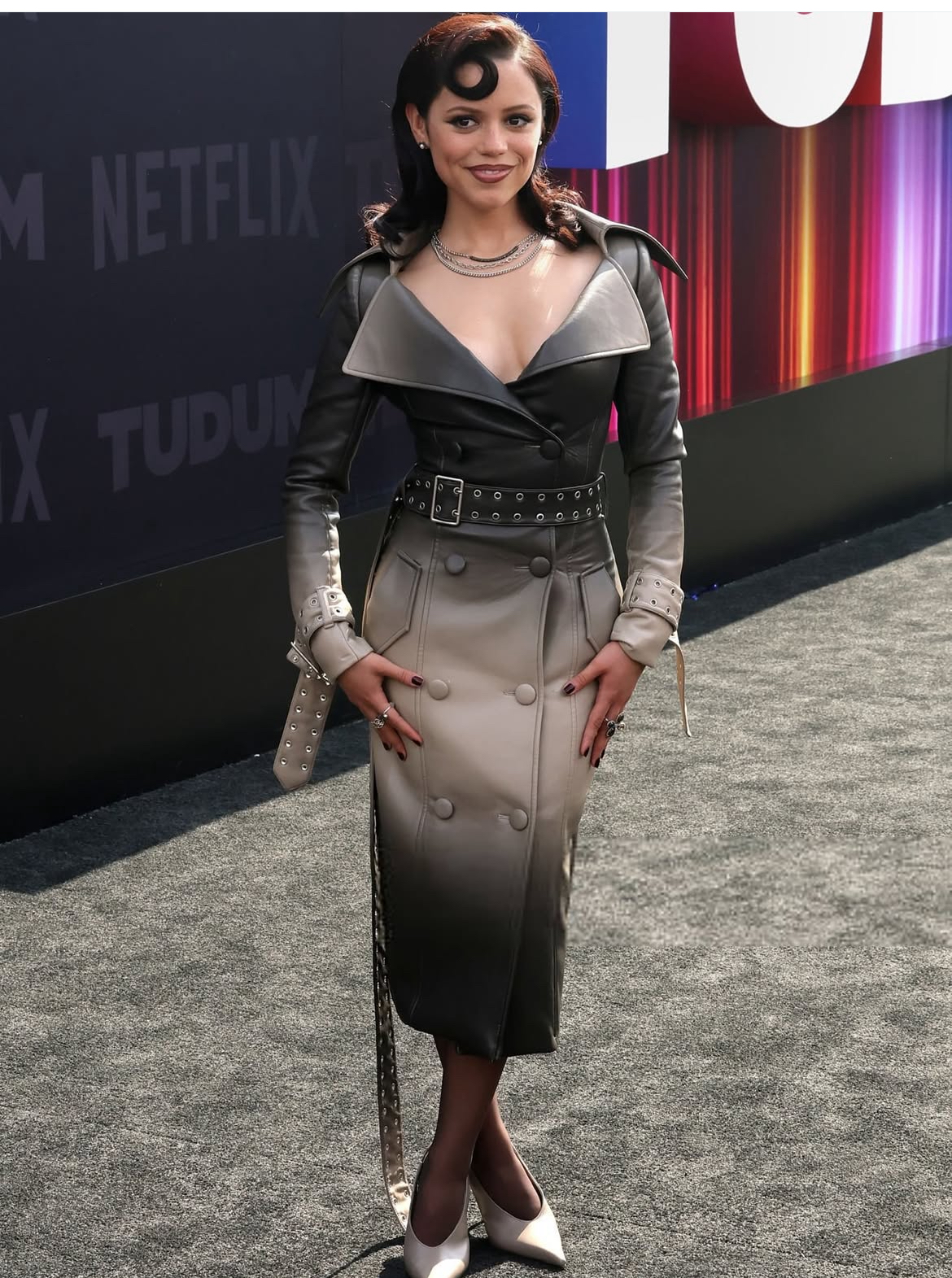 Jenna Ortega Wore a Ombre MarkGong SS25 Leather Trench to the Netflix Tudum Event in LA ...