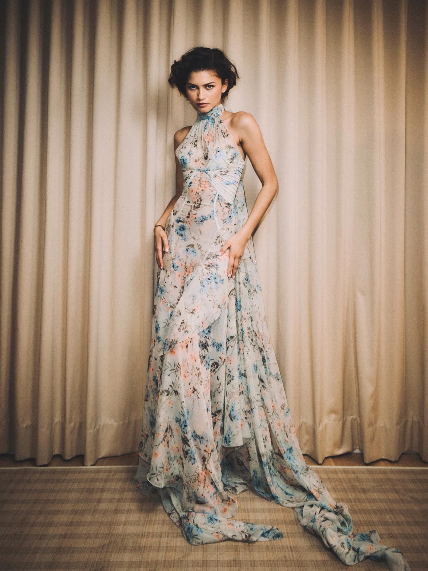 Zendaya Stuns in Blue Floral Alexander McQueen Chiffon Gown on Jimmy ...